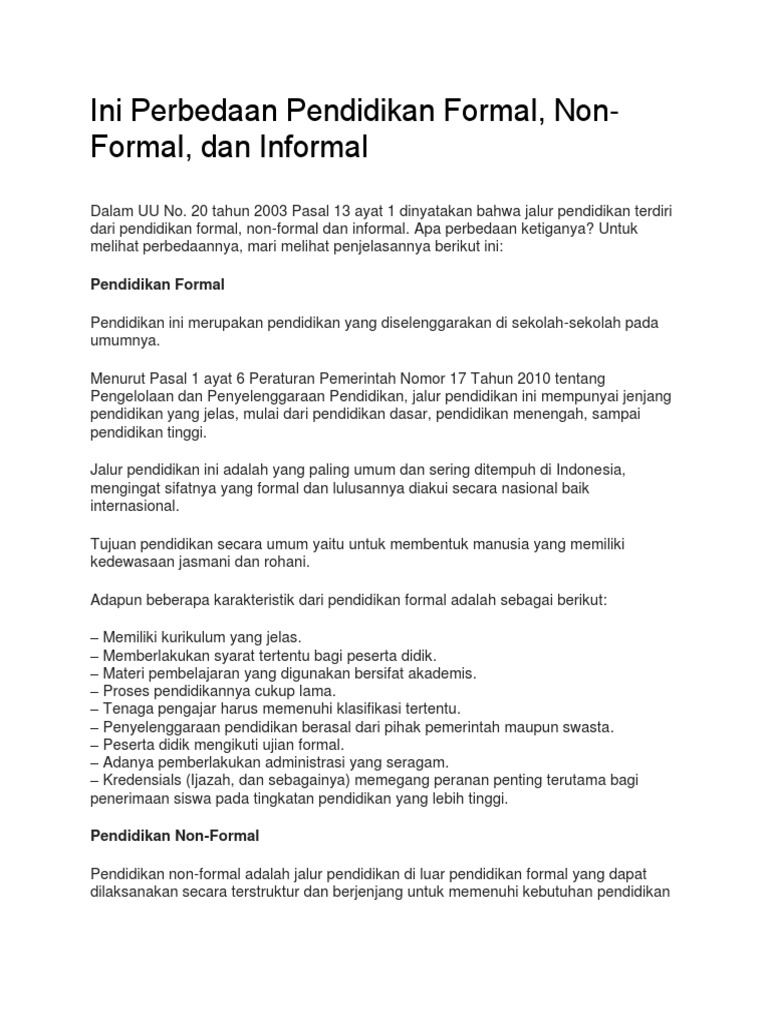Perbedaan Pendidikan Formal, Non Formal Dan Informal | PDF Perbedaan Pendidikan Formal, Non Formal Dan Informal | PDF
