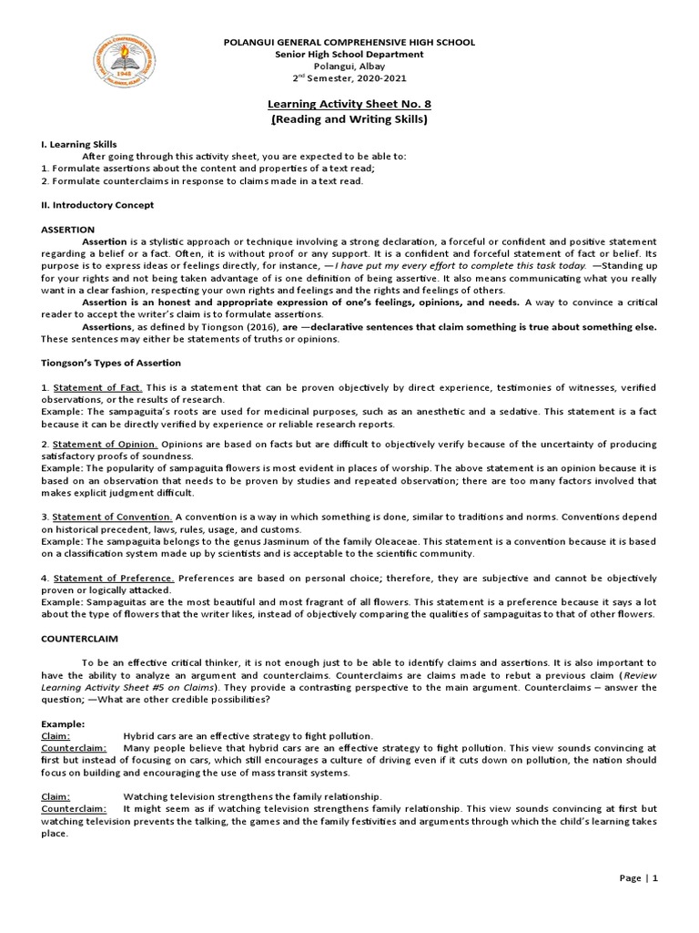 RWS - Las 8 - Assertion and Counterclaim | PDF