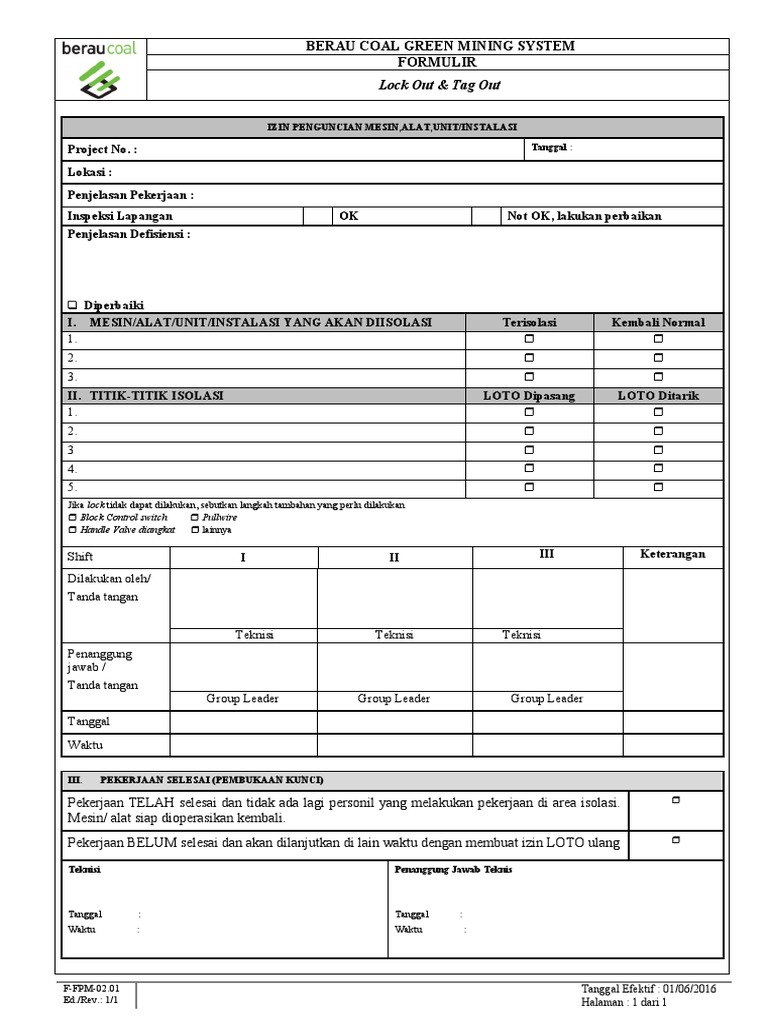Formulir Lock Out Tag Out Berau Coal | PDF