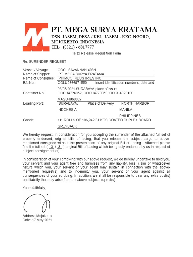 Telex Release Requisition Form PO 120-005 | PDF