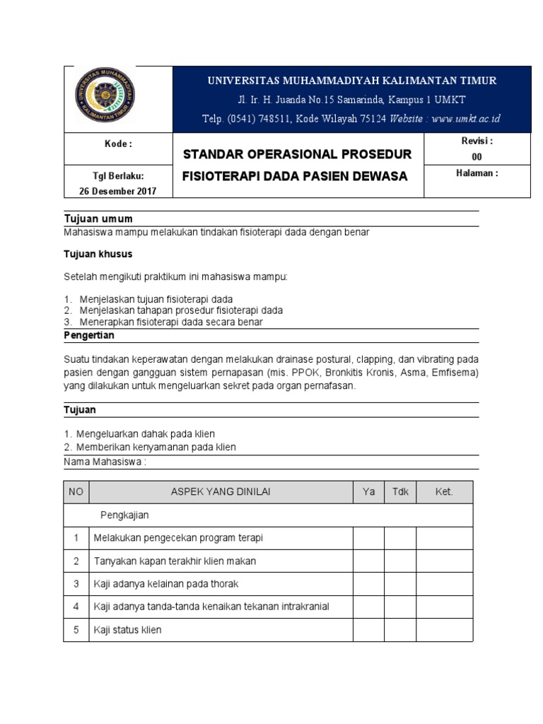 SOP Fisioterapi Dada Dewasa | PDF