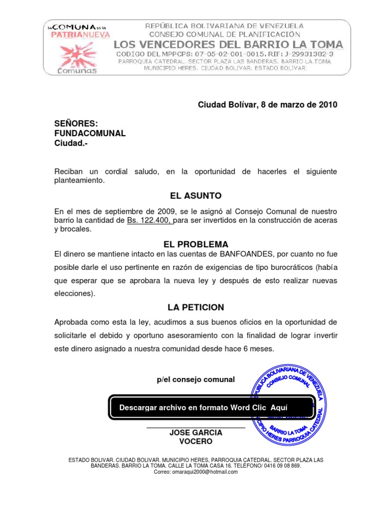 Consejo Comunal Solicitud de Autorizacion para Movilizar Cuenta Bancaria Del Consejo Comunal | PDF
