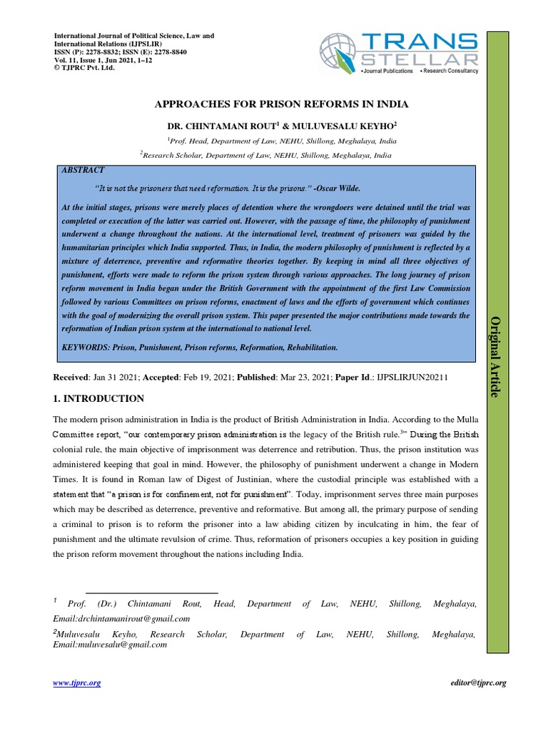 Approaches For Prison Reforms in India: Dr. Chintamani Rout ...