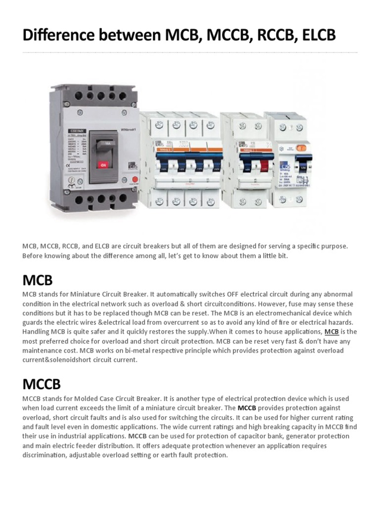 Difference Between MCB, MCCB, RCCB, ELCB | PDF | Components | Electric ...
