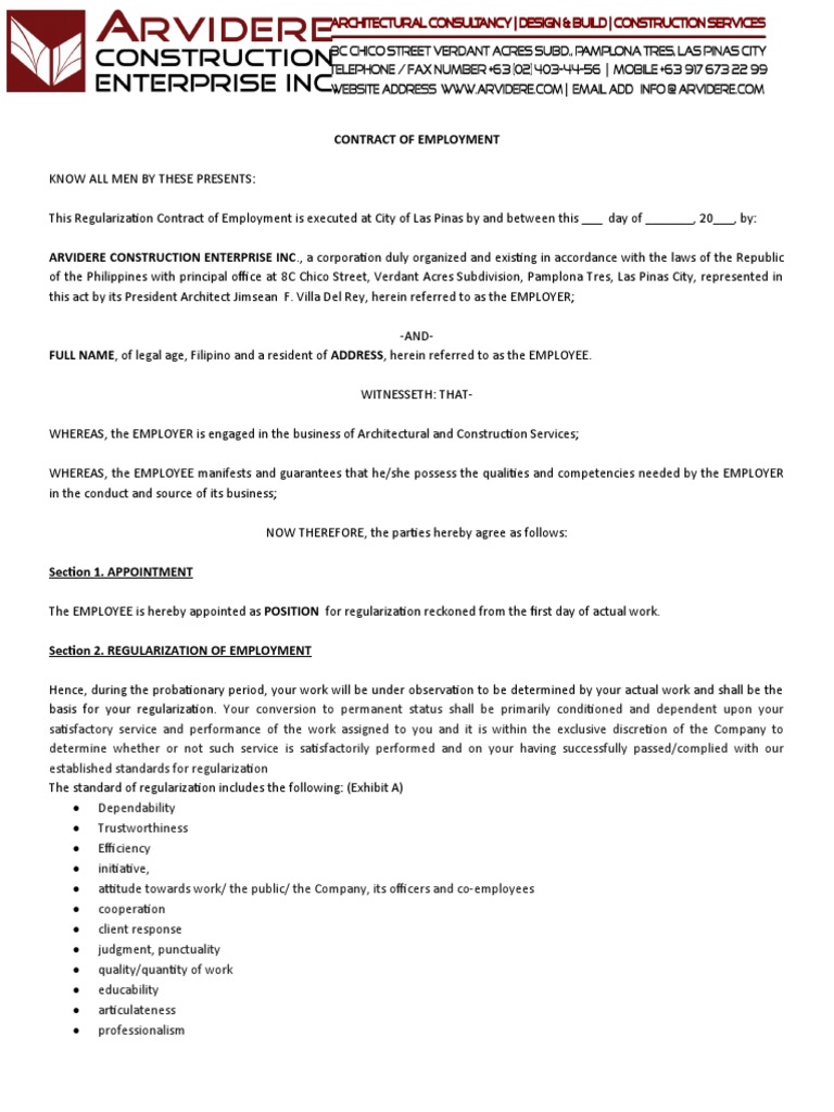 Contract Of Employment Construction Pdf Confidentiality Employment