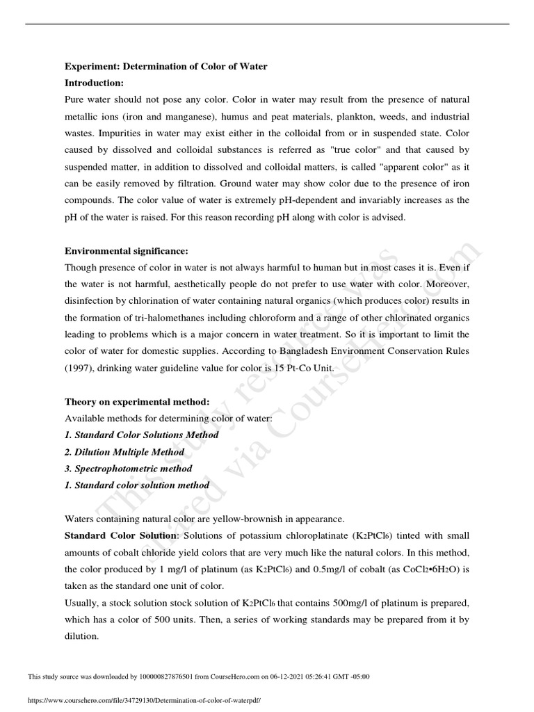 Color Determination in Water Samples | PDF | Spectrophotometry | Water ...