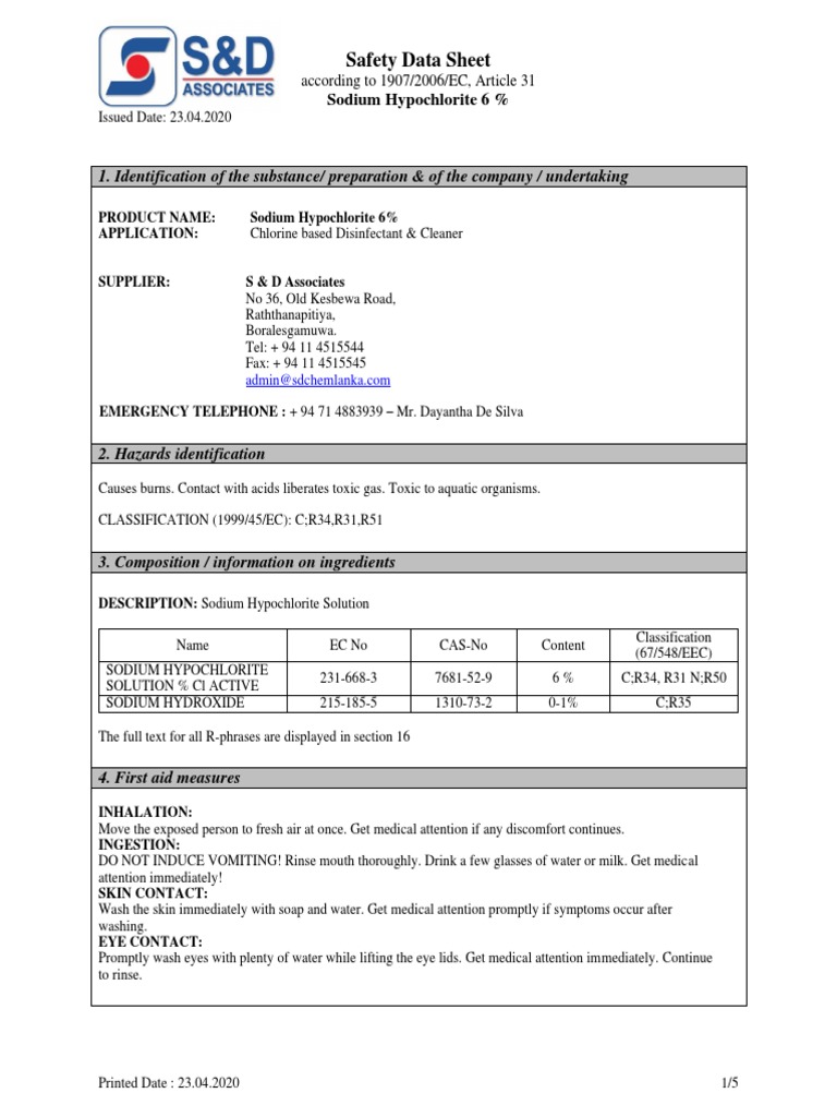 Sodium Hypochlorite 6% Safety Data Sheet | PDF | Toxicity | Sodium ...