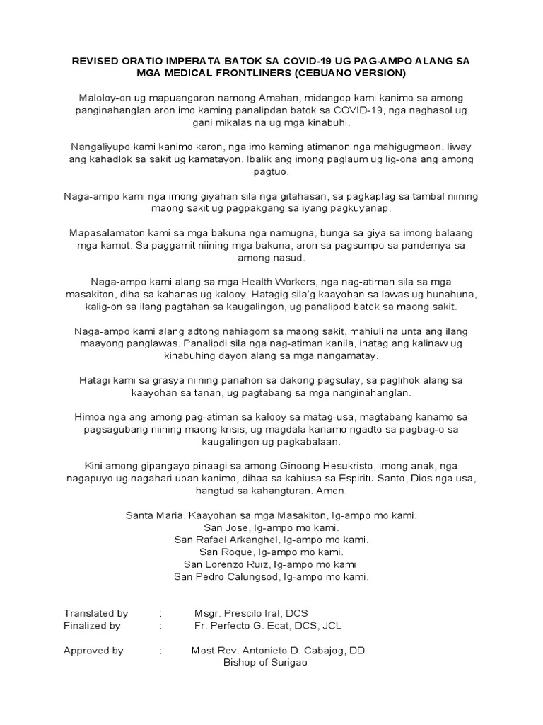 Revised Oratio Imperata Batok Sa Covid-19 Ug Pag-Ampo Alang Sa Mga Medical Frontliners (Cebuano ...