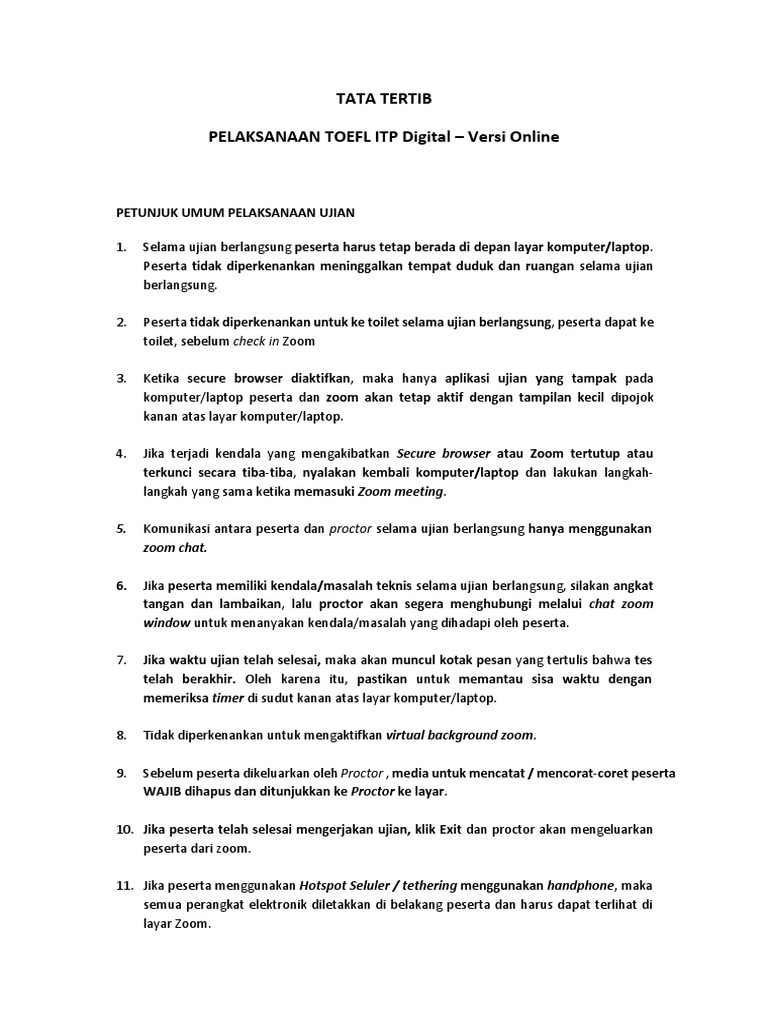 Tata Tertib Ujian TOEFL Online | PDF