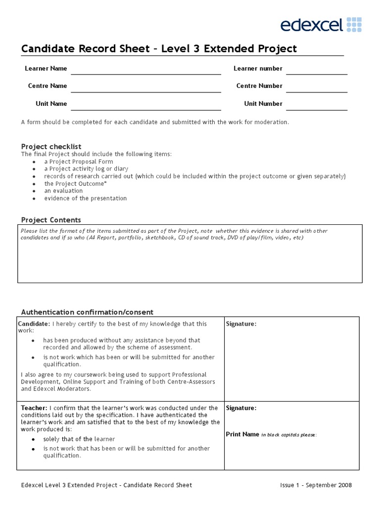 Candidate Record Sheet - Level 3 Extended Project | PDF | Cognition | Learning