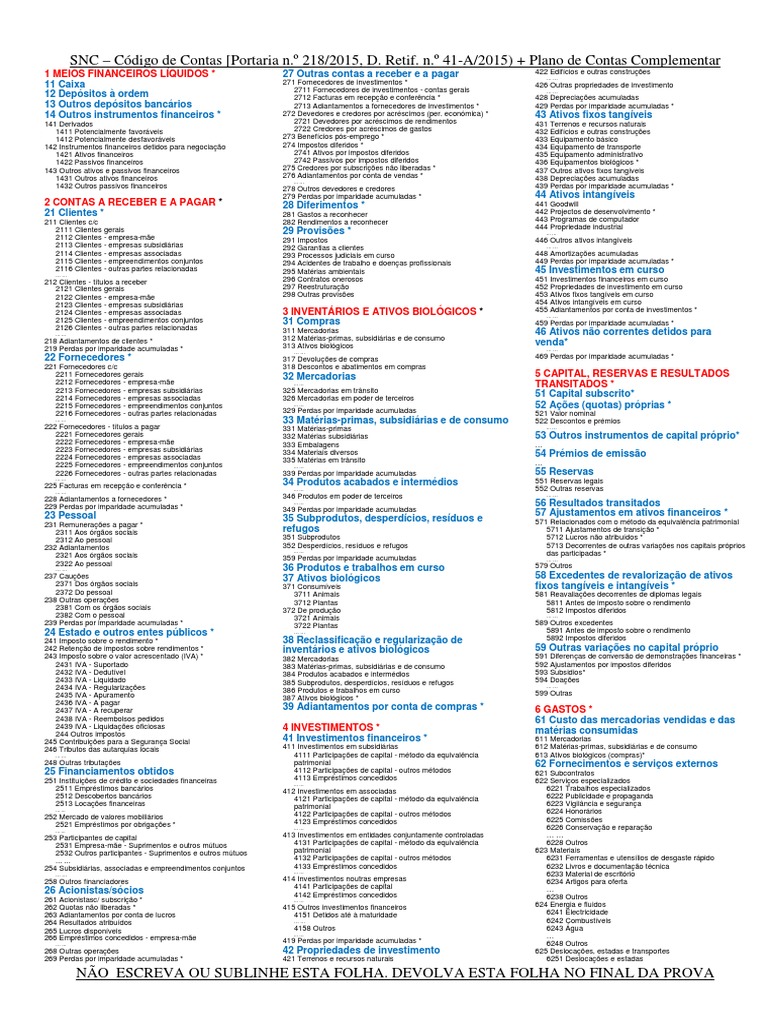 Quadro de Contas SNC 2016 + Plano Complementar | PDF | Imposto sobre ...