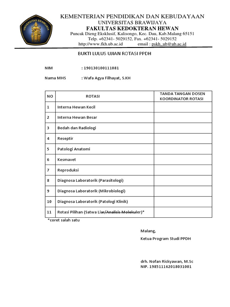 Bukti Lulus Ujian Rotasi PPDH - Wafa Agya F - 190130100111081 | PDF