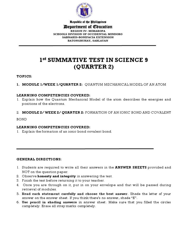 1st SUMMATIVE TEST IN SCIENCE 9 Q2 | PDF | Periodic Table | Chemical Bond