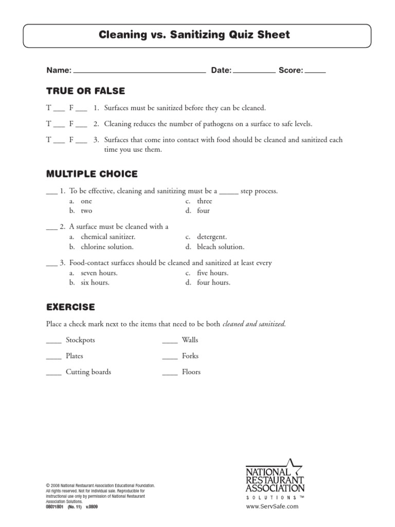 Cleaning vs. Sanitizing Quiz Sheet: True or False | PDF | Disinfectant ...