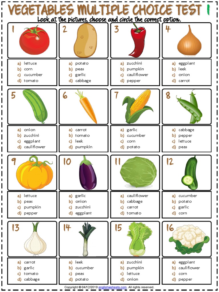Vegetables Vocabulary Esl Multiple Choice Tests For Kids | PDF ...