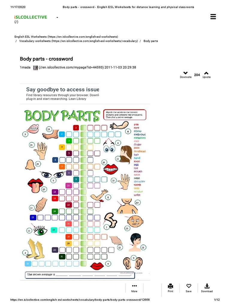 Body Parts - Crossword - English ESL Worksheets For Distance Learning ...