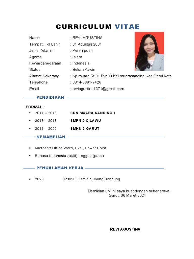 Contoh CV Kasir Revi Agustina | PDF