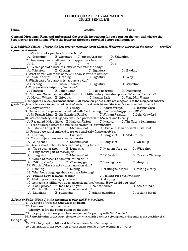 4th Quarter Exam Grade 8 English | PDF | Strait Of Malacca