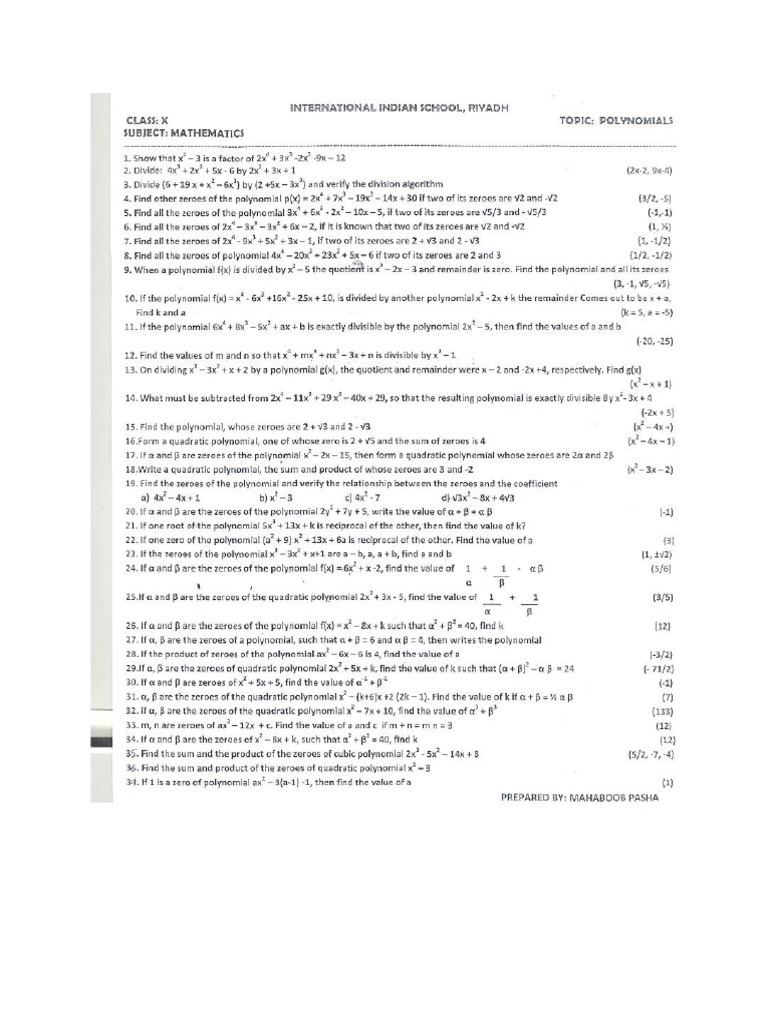 CBSE Class 10 Maths Worksheet - Polynomials | PDF