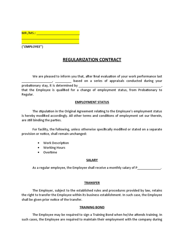 Revised - REGULARIZATION CONTRACT - DRAFT | PDF | Employment | Private Law