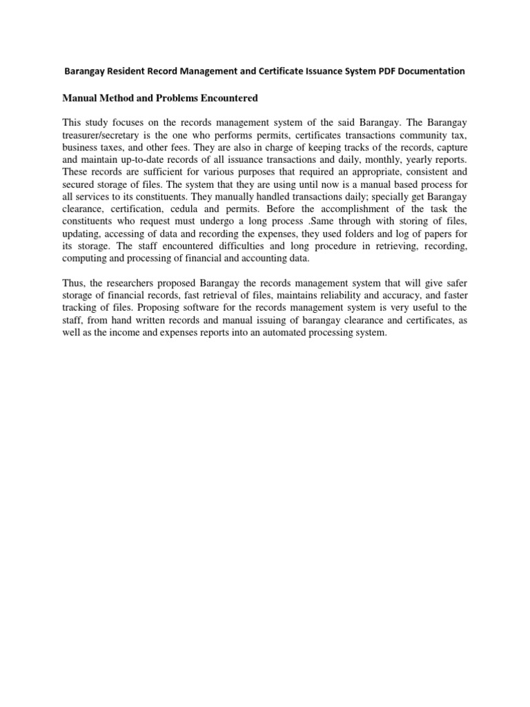 Barangay Resident Record Management and Certificate Issuance System PDF ...