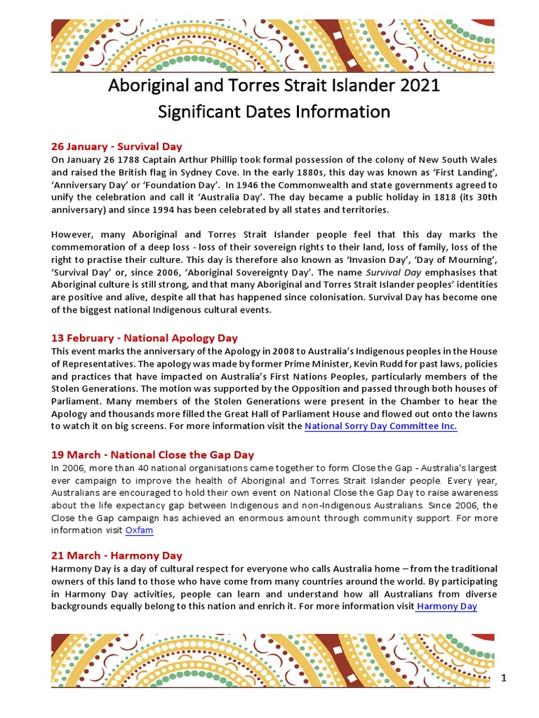 Aboriginal Significant Dates 2021 | PDF | Indigenous Australians ...