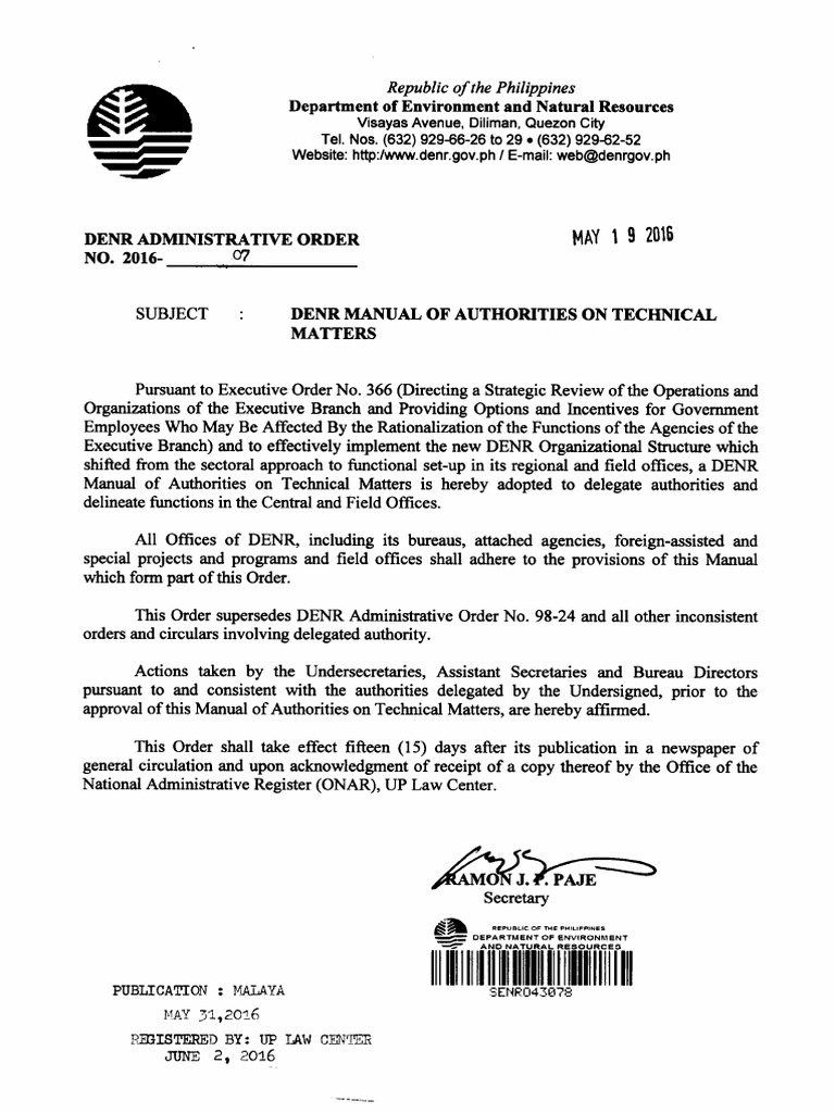 DENR Administrative Order 7 2016 (DENR Manual of Authorities On ...