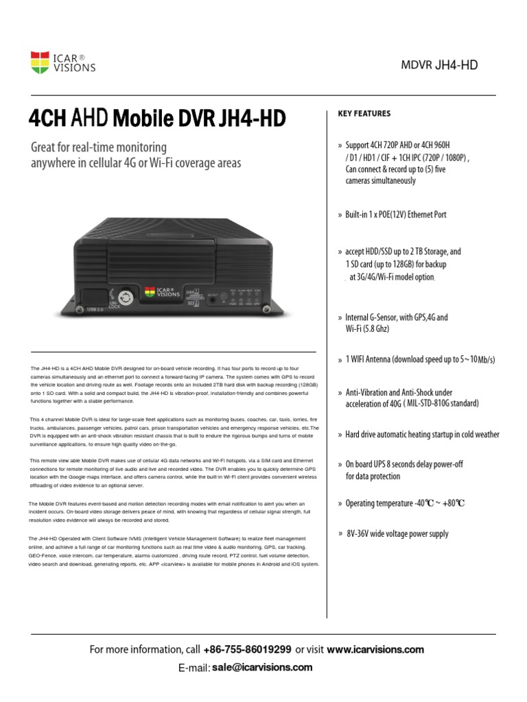 4CH AHD Mobile DVR JH4-HD Spec Sheet | PDF | Video | Wi Fi