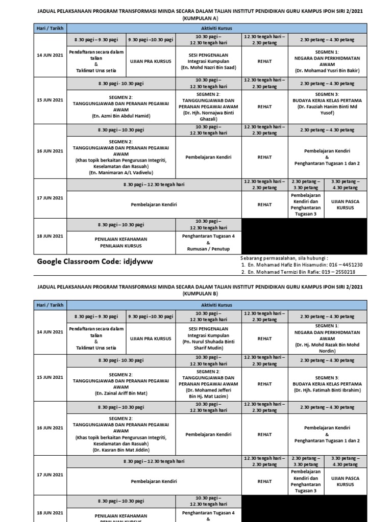 Jadual Pelaksanaan Program Transformasi Minda 2021 Institut Pendidikan | PDF