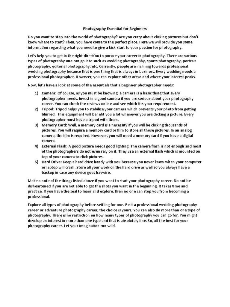 Photography Essential For Beginners | PDF | Tripod (Photography) | Camera