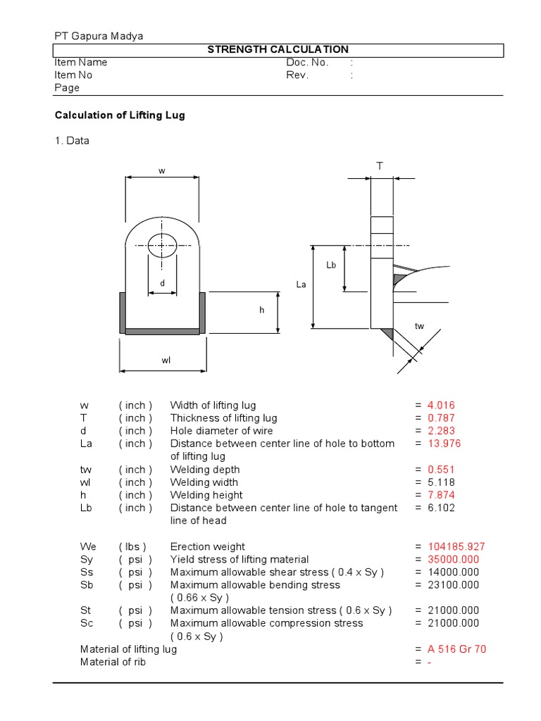 Eng - M - Lifting Lug Cal - 2 | PDF | Bending | Stress (Mechanics)