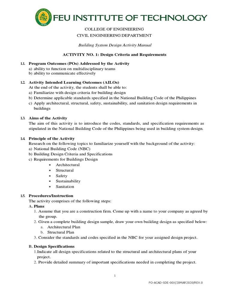 Activity No. 1: Design Criteria and Requirements Program Outcomes (Pos ...