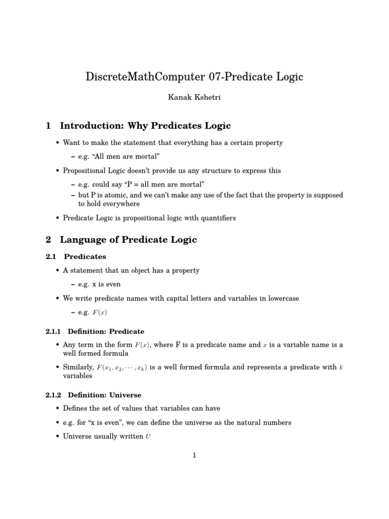 Discrete Mathematics Using A Computer - 07 - Predicate Logic Notes ...
