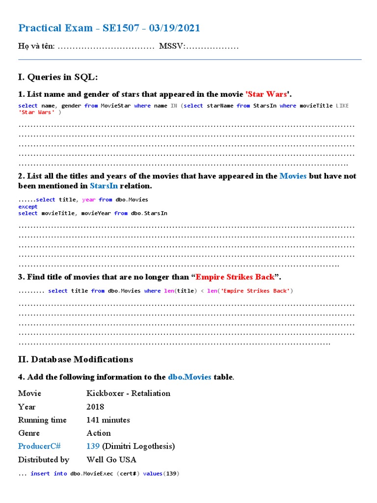 Practical Exam - SE1507 - 03/19/2021: I. Queries in SQL | PDF | Information Management ...