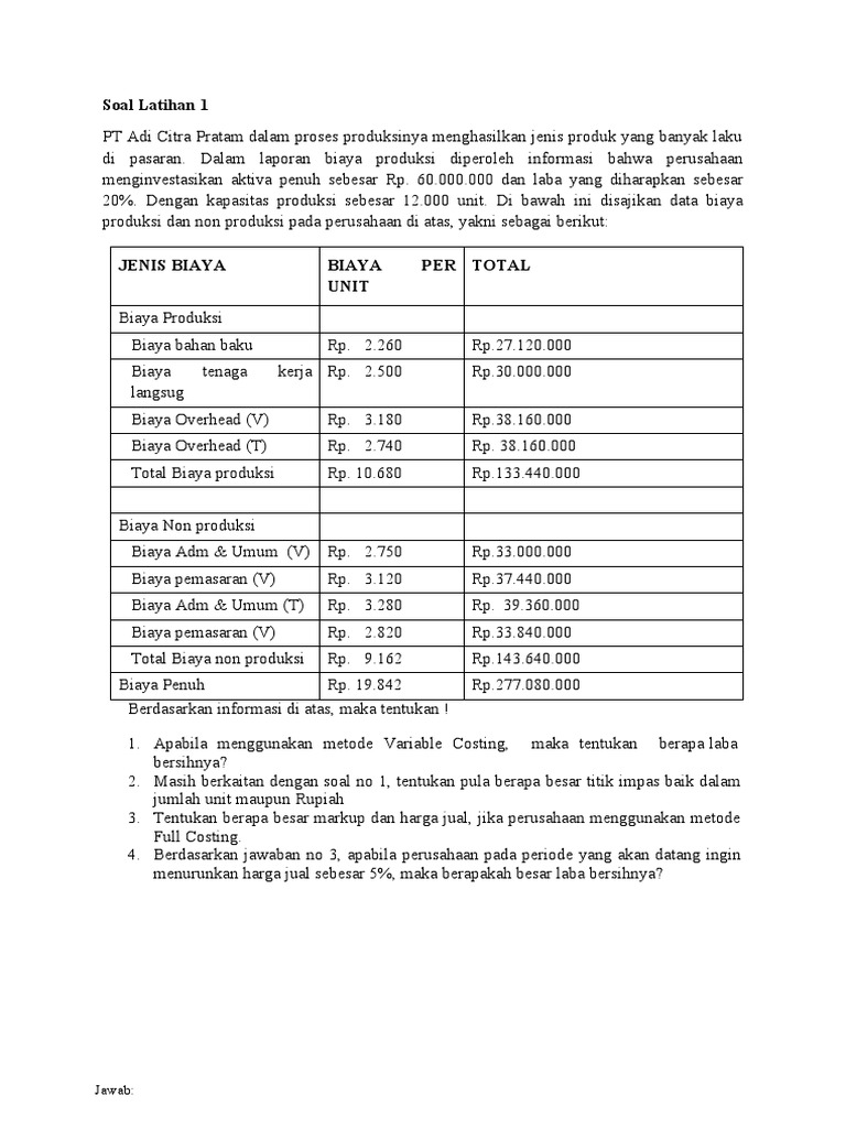 Latihan Full Costing Dan Variabel Costing - Siska Aulia - 1903031 | PDF