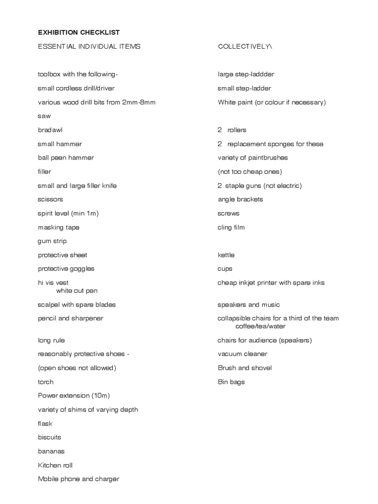 Exhibition Checklist | PDF | Equipment | Manufactured Goods