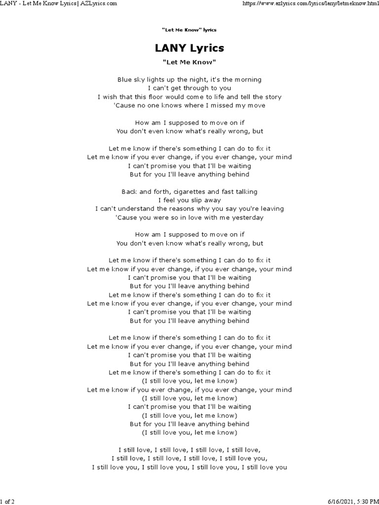 LANY Lyrics: "Let Me Know" Lyrics | PDF