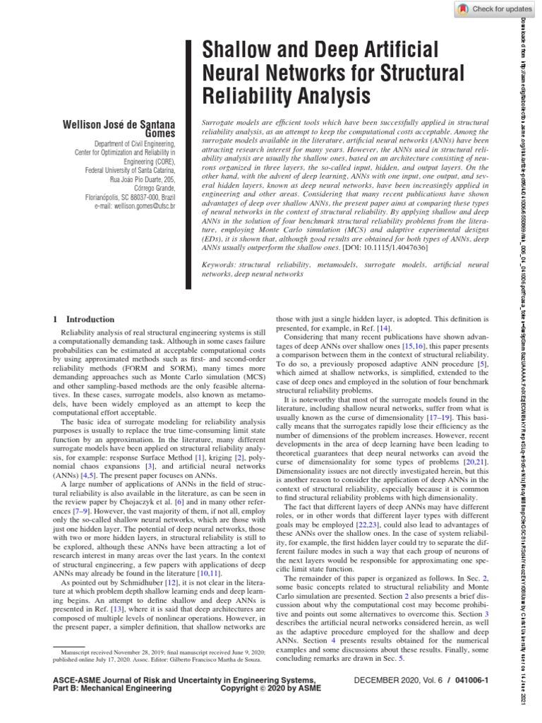 Shallow and Deep Artificial Neural Networks For Structural Reliability Analysis | PDF ...