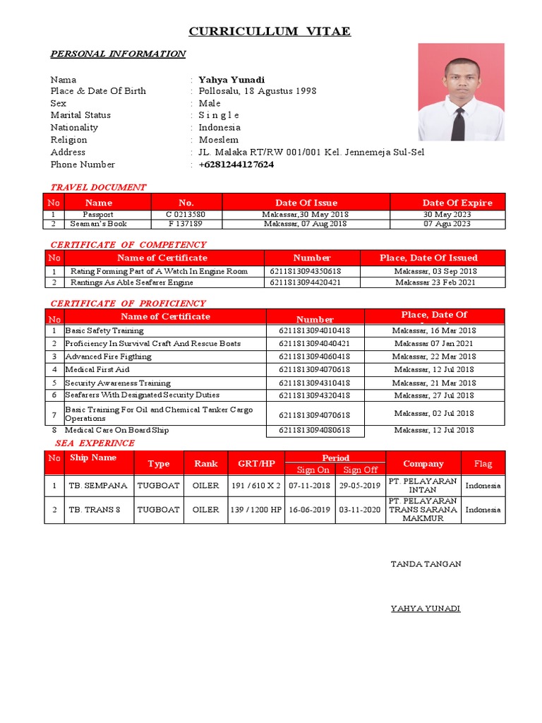 CV Yahyah | PDF | Sailor | Freight Transport