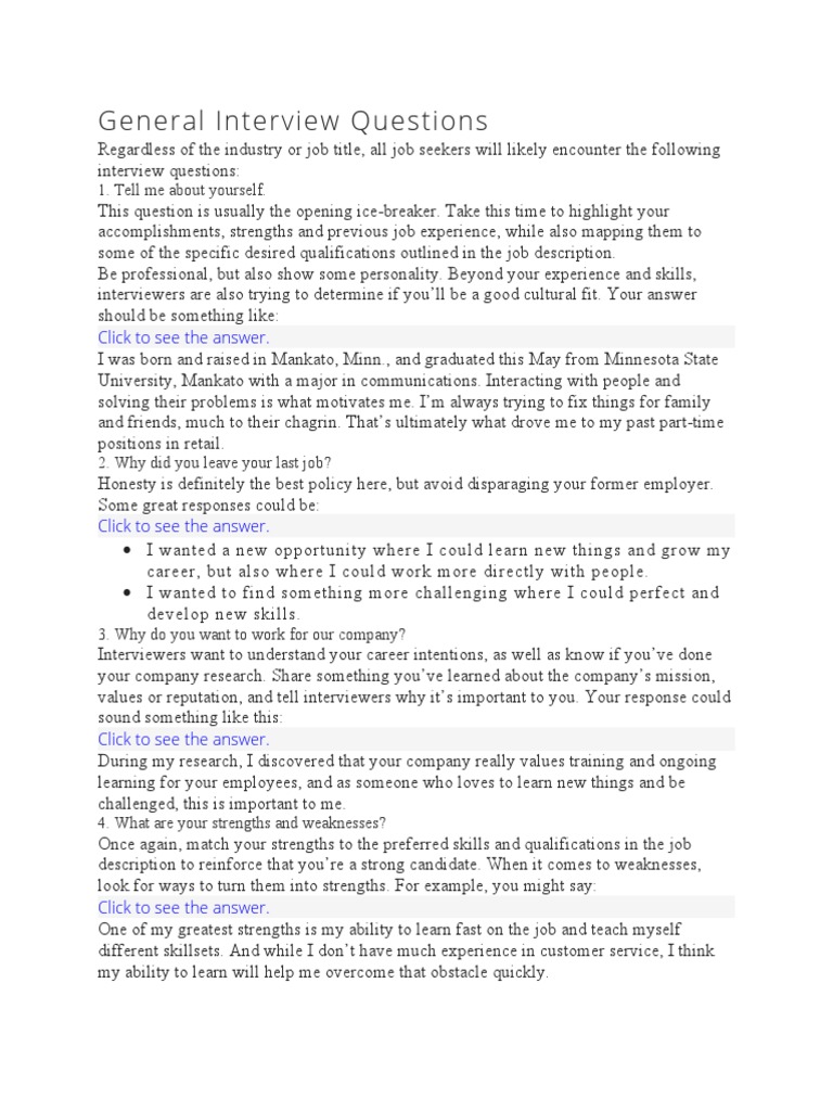 Top 10 General Interview Questions | PDF | Call Centre | Human Nature