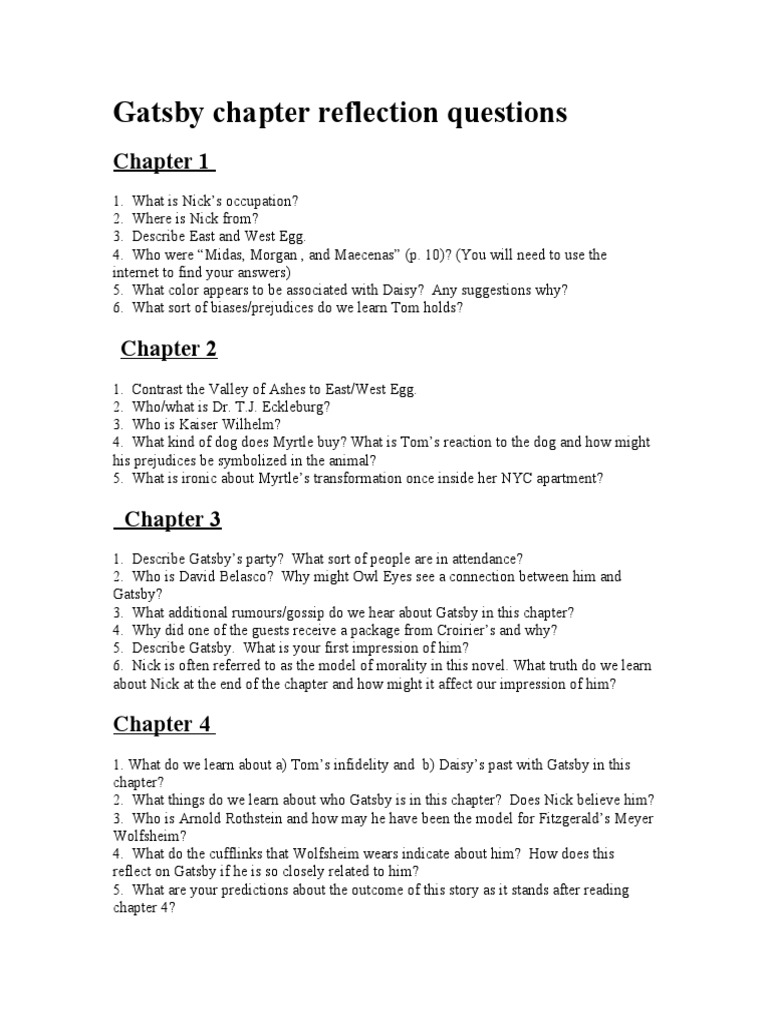 Gatsby Chapter Reflection Questions | PDF | The Great Gatsby | Science