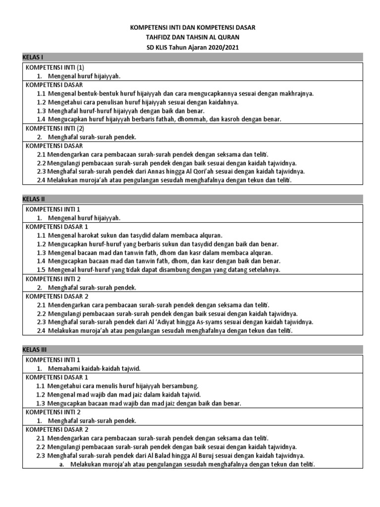 KI - KD Tahfidz Dan Tahsin | PDF