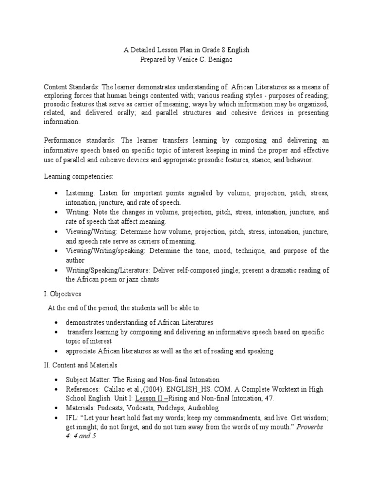 DETAILED LESSON PLAN in Grade 8 English | PDF | Tone (Linguistics) | Poetry