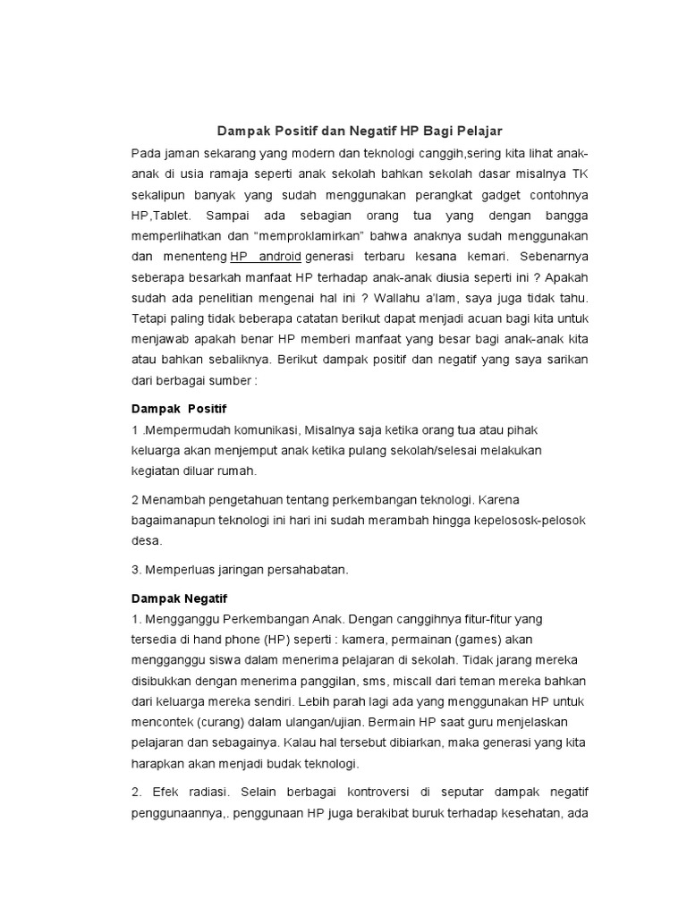 Dampak Positif Dan Negatif HP Bagi Pelajar | PDF