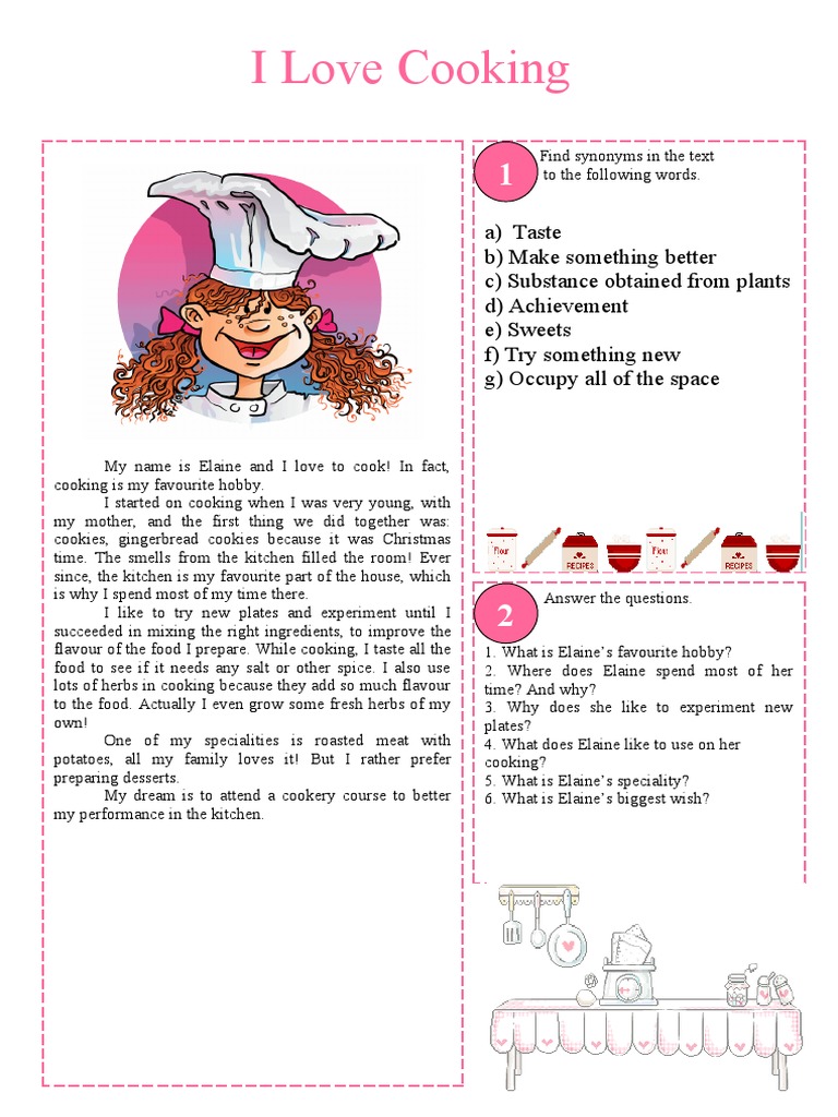 I Love Cooking Reading Comprehension Reading Comprehension Exercises ...