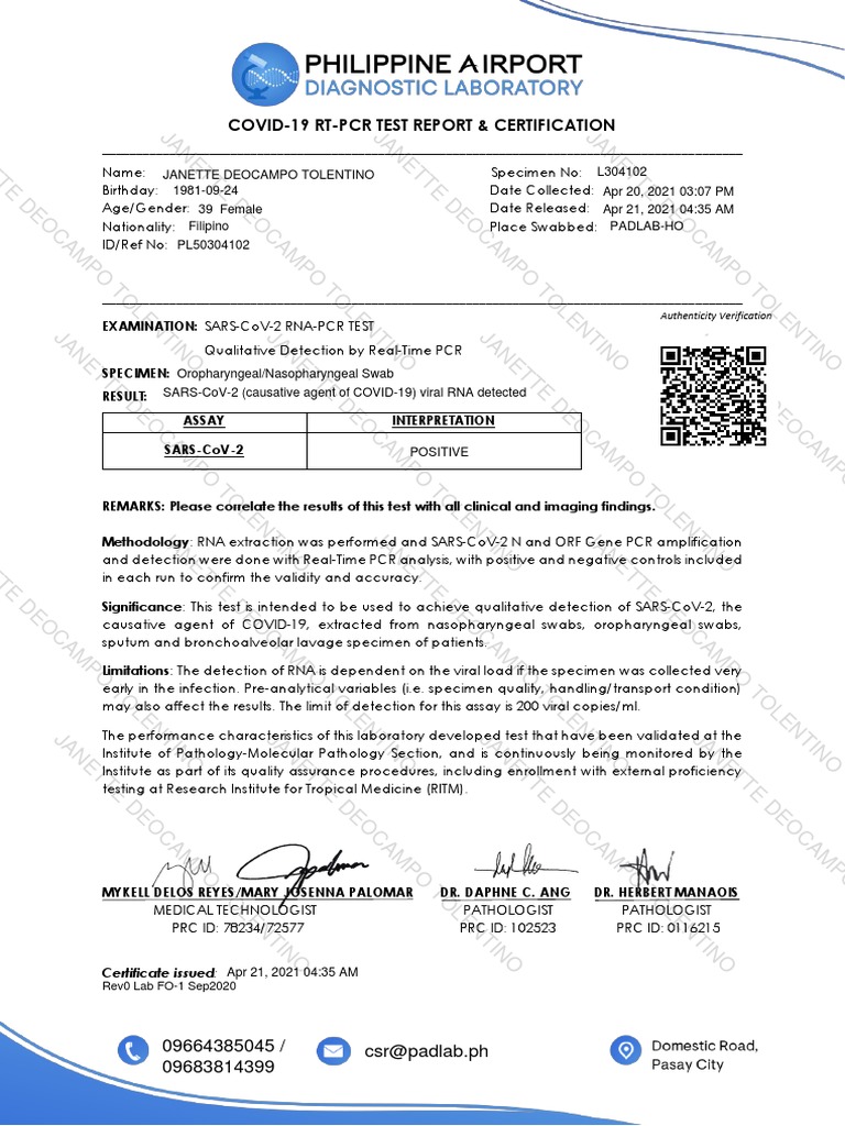 Covid-19 RT-PCR Test Report & Certification: 09664385045 / 09683814399 ...