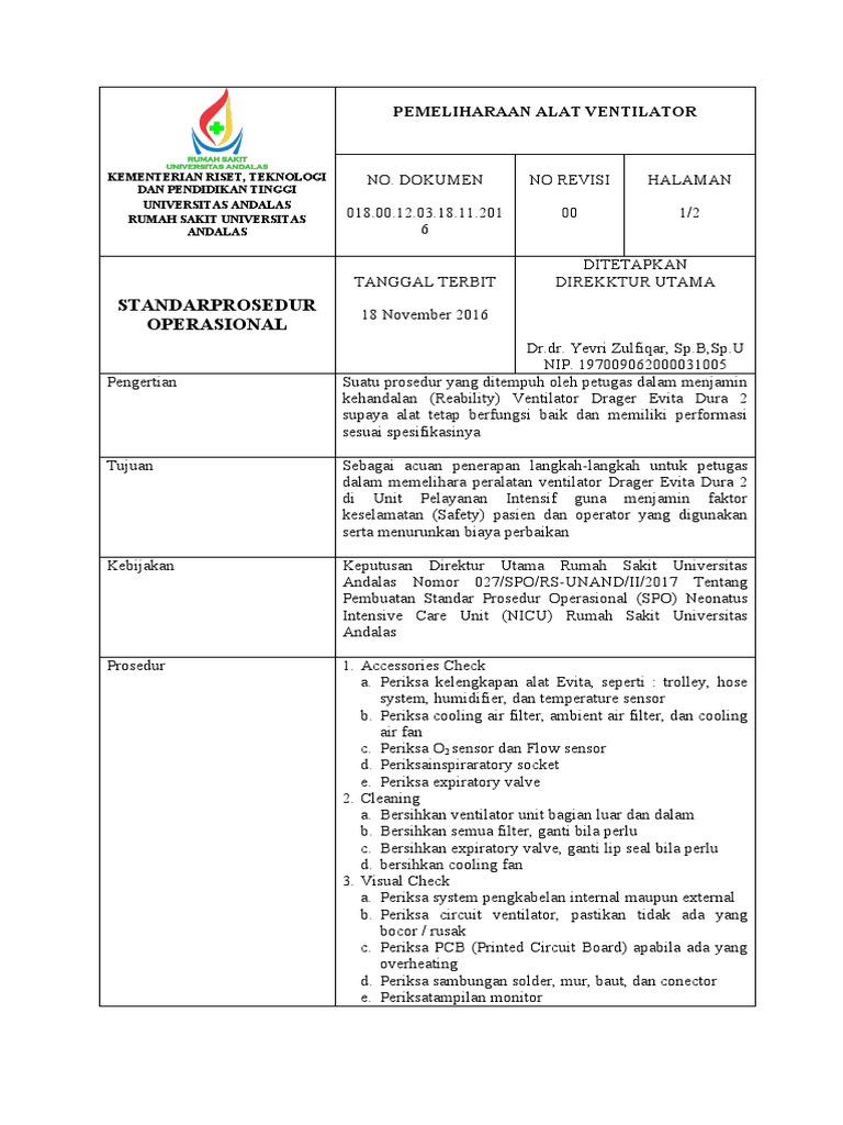 SPO 018 - Prosedur Pemeliharaan Ventilator | PDF