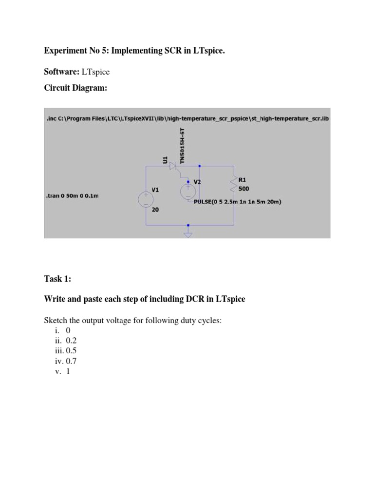 Experiment No 5: Implementing SCR in Ltspice. Software: Ltspice Circuit Diagram | PDF
