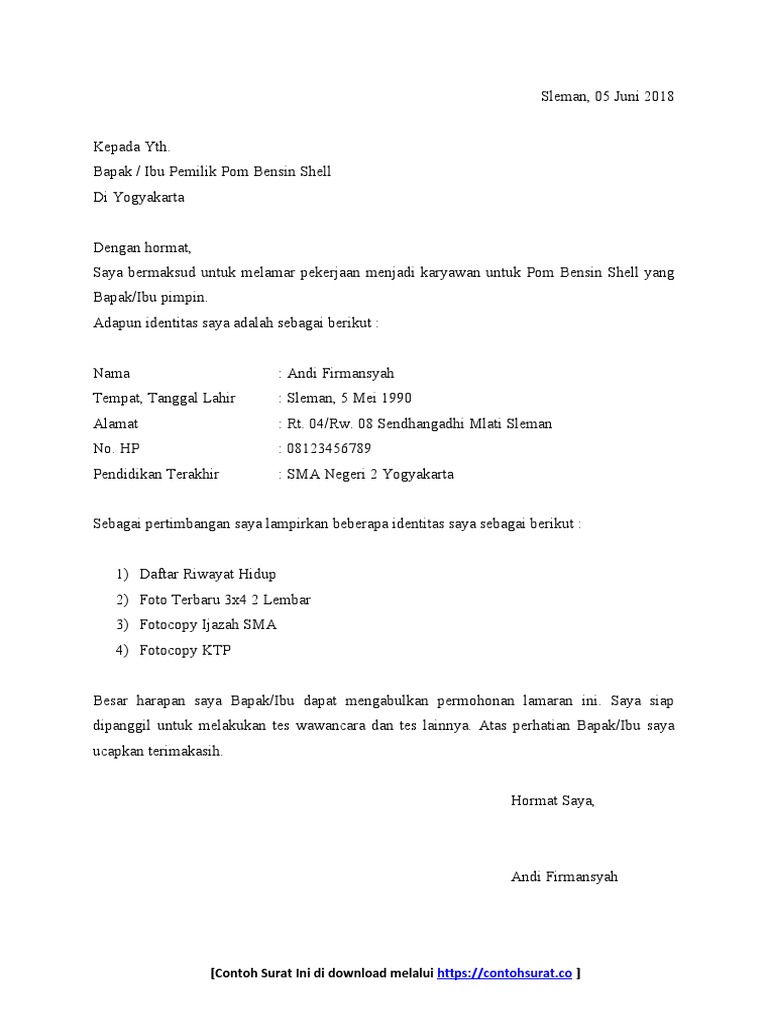 Contoh Surat Lamaran Kerja Di SPBU Shell | PDF