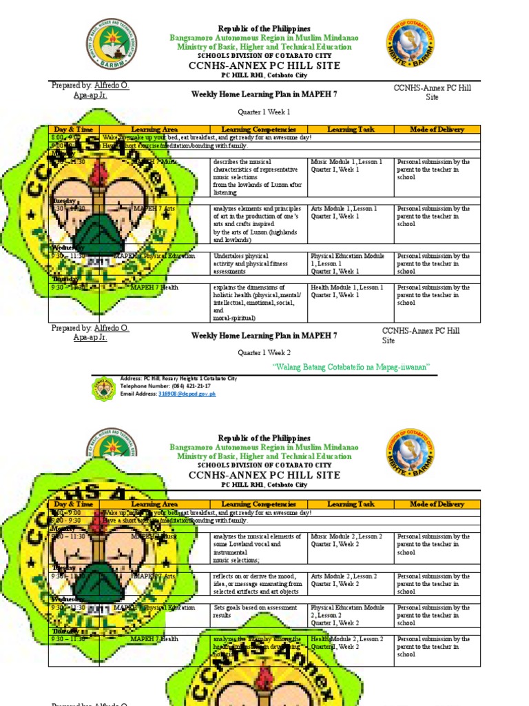 Weekly Home Learning Plan in MAPEH 7 | PDF | Physical Education ...